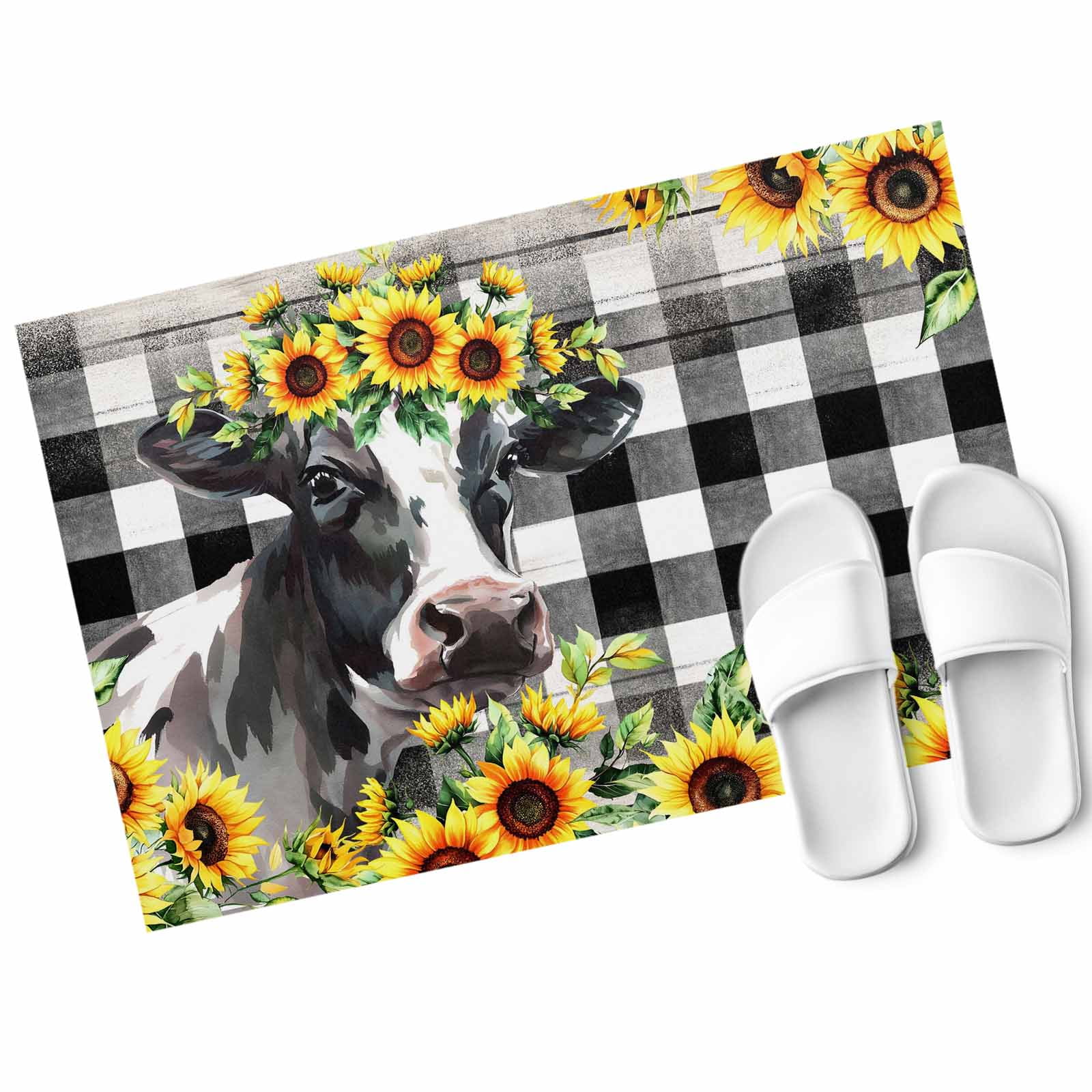 Cow Sunflower Door Mat Plant Farm Flower Non Slip Absorbent Entrance ...