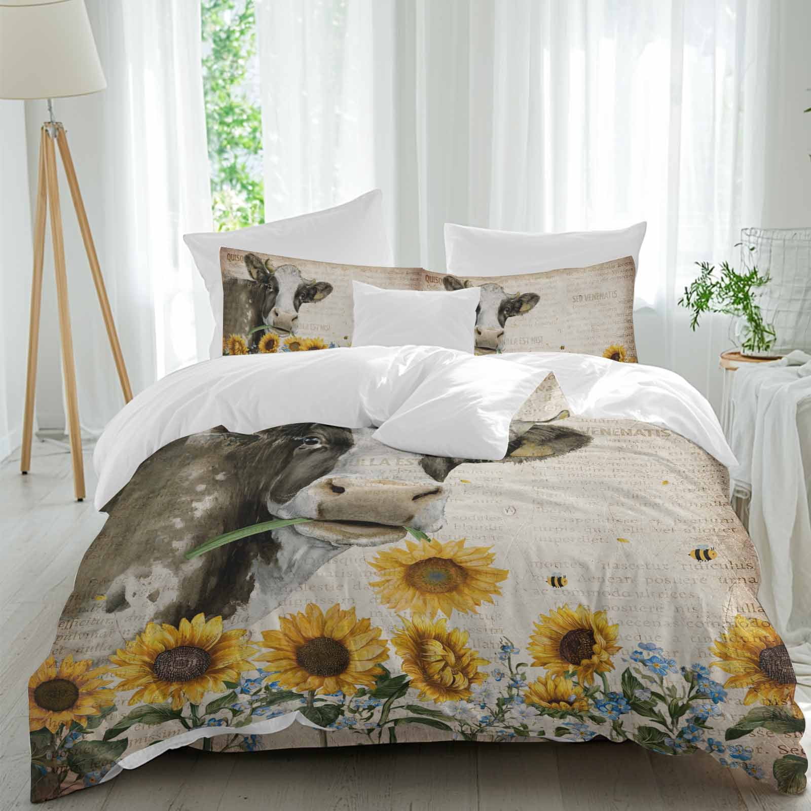 Cow With Sunflower Duvet Cover Set Queen Size, Bee Blue Yellow Floral ...