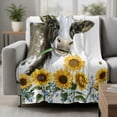Cow With Sunflower Fleece Throw Blanket Bee Blue Yellow Floral ...