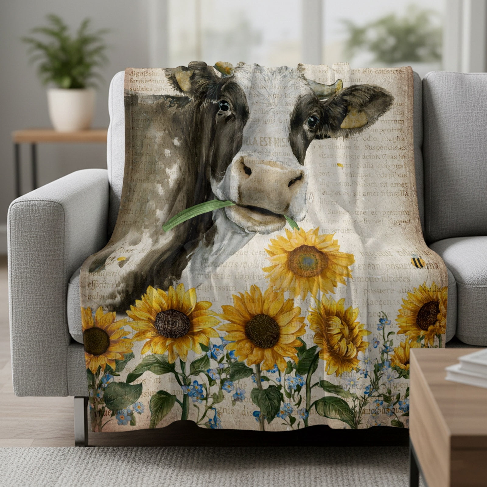 Cow With Sunflower Fleece Throw Blanket Bee Blue Yellow Floral Vintage ...
