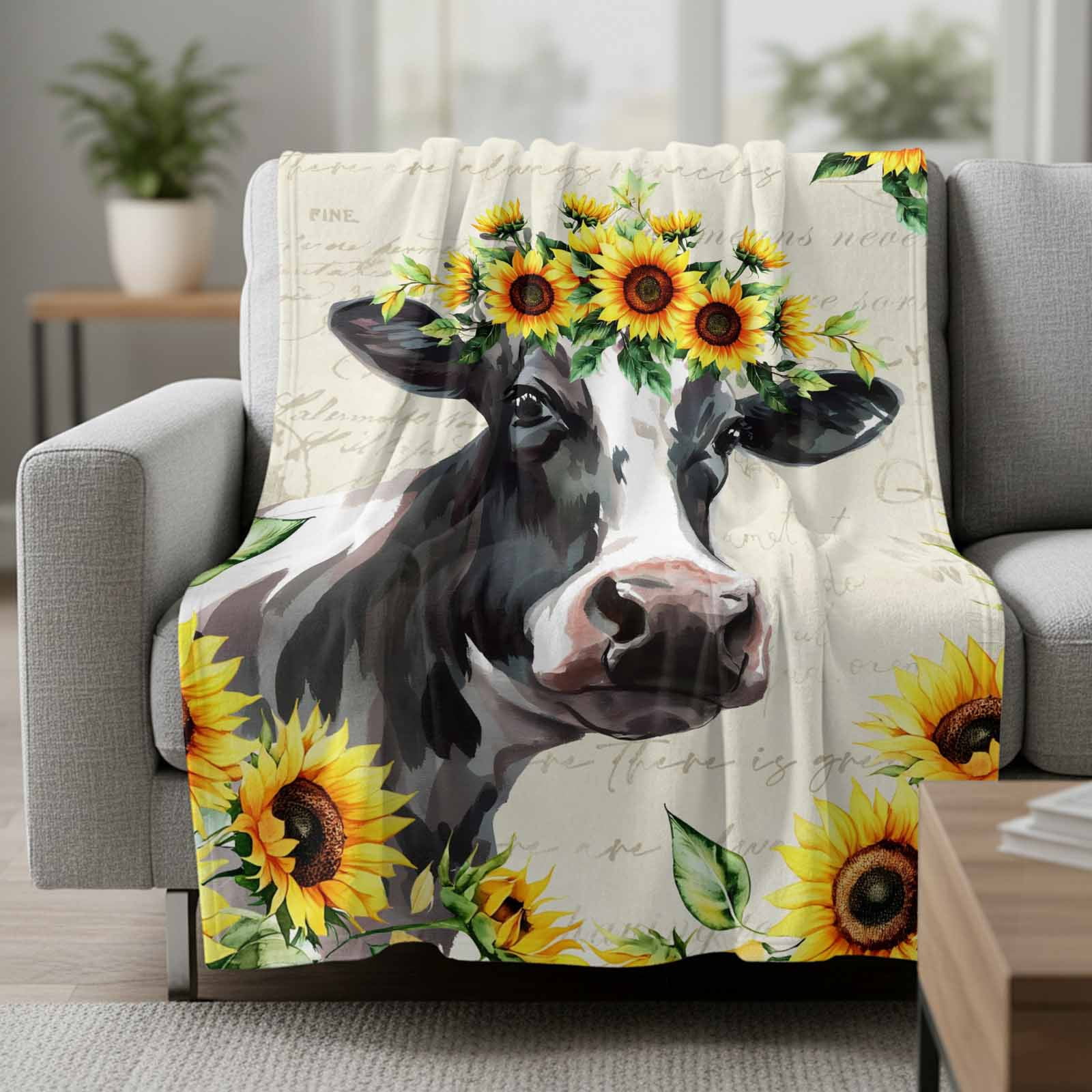 Cow Sunflower Fleece Throw Blanket Plant Farm Flower Ultra Soft Fuzzy ...