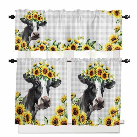 Cow Sunflower Kitchen Curtains Valance and Tier Set Plant Farm Flower ...