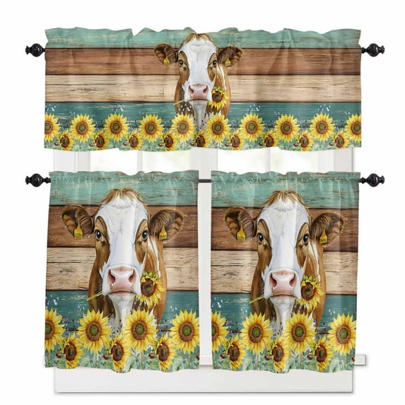 Cow Sunflower Kitchen Curtains Valance and Tier Set Plant Farm Flower ...