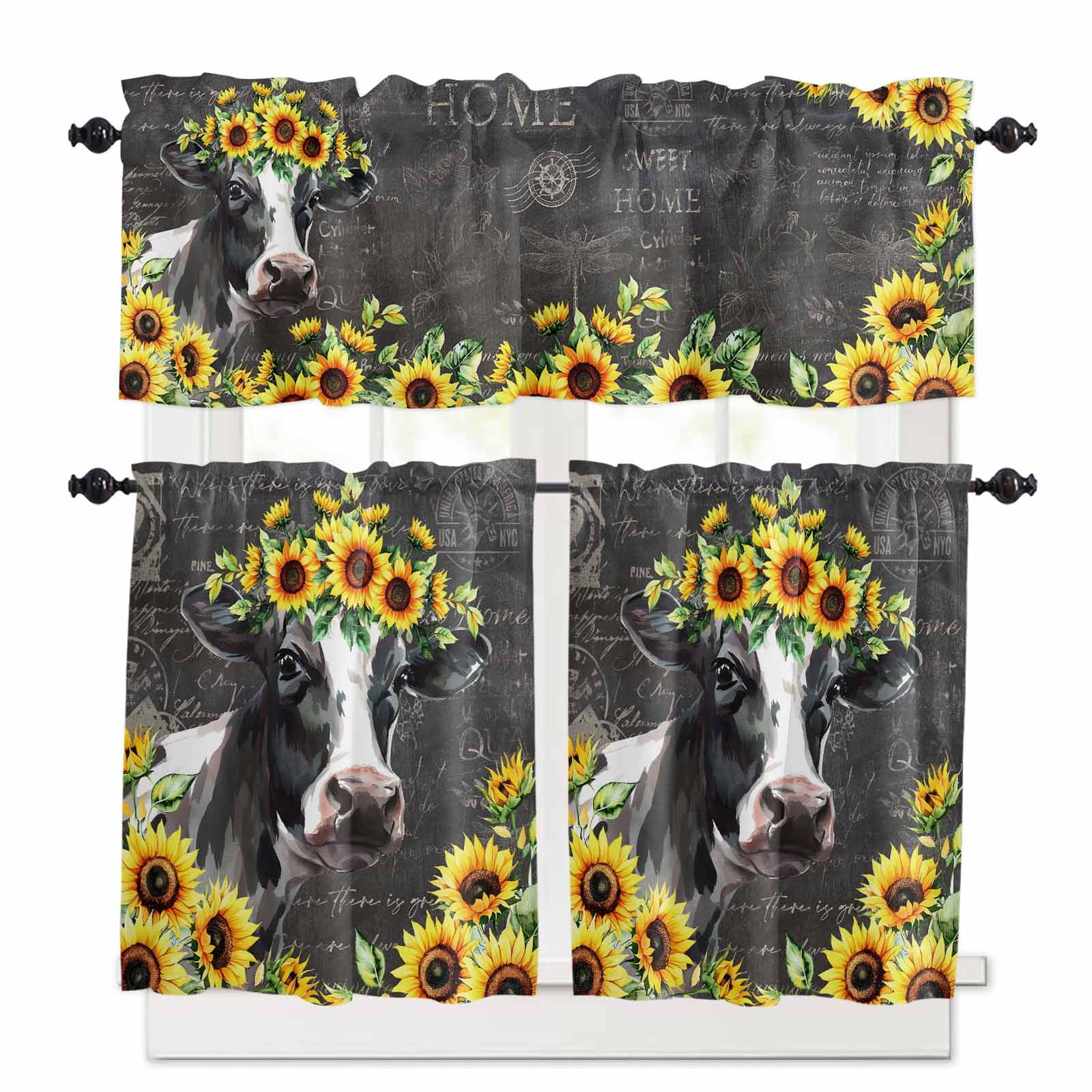 Cow Sunflower Kitchen Curtains Valance and Tier Set Plant Farm Flower ...