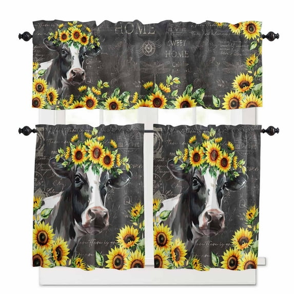 Cow Sunflower Kitchen Curtains Valance and Tier Set Plant Farm Flower ...