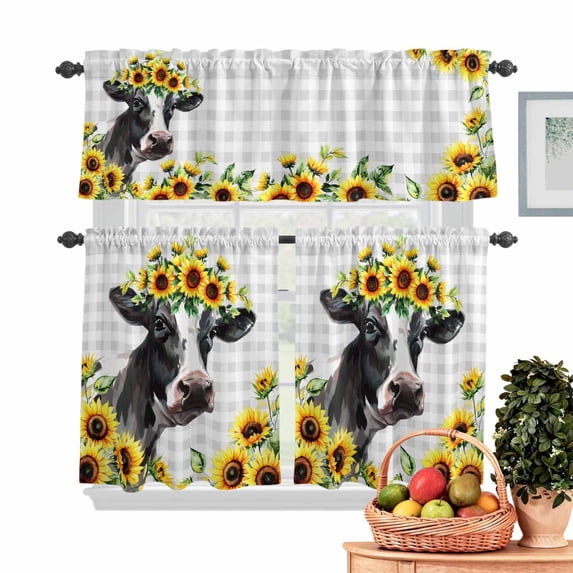 Cow Sunflower Kitchen Curtains Valances 3 Piece Set, Plant Farm Flower ...