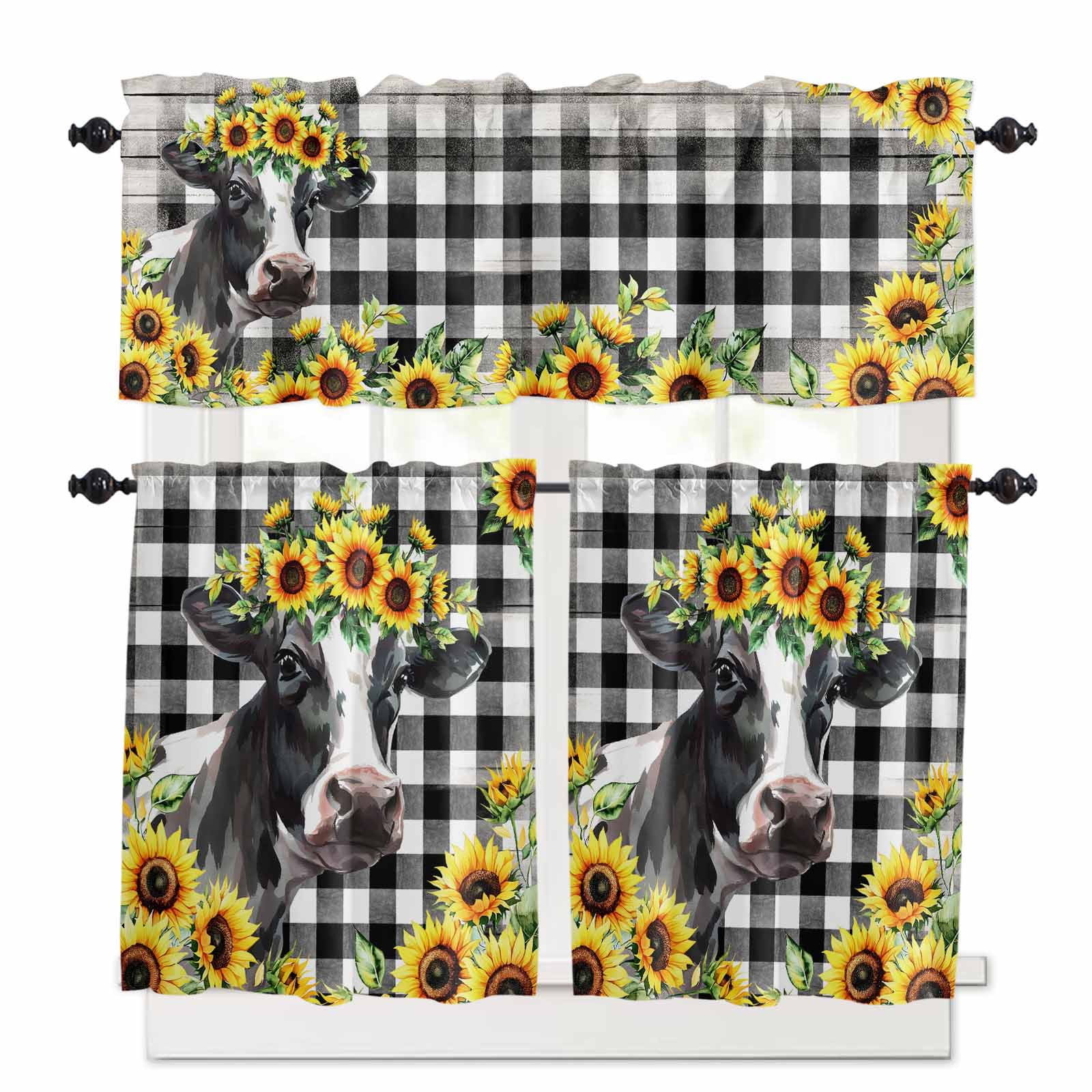Cow Sunflower Kitchen Curtains Valances and Tiers Set of 3, Black White Check 36 Inch Length ...