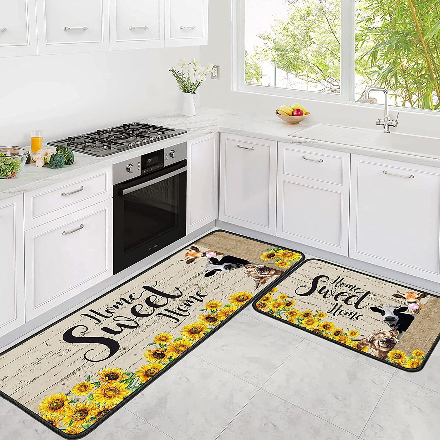 Cow Sunflower Kitchen Rugs and Mats Anti Fatigue, Sunflower Kitchen Mat ...