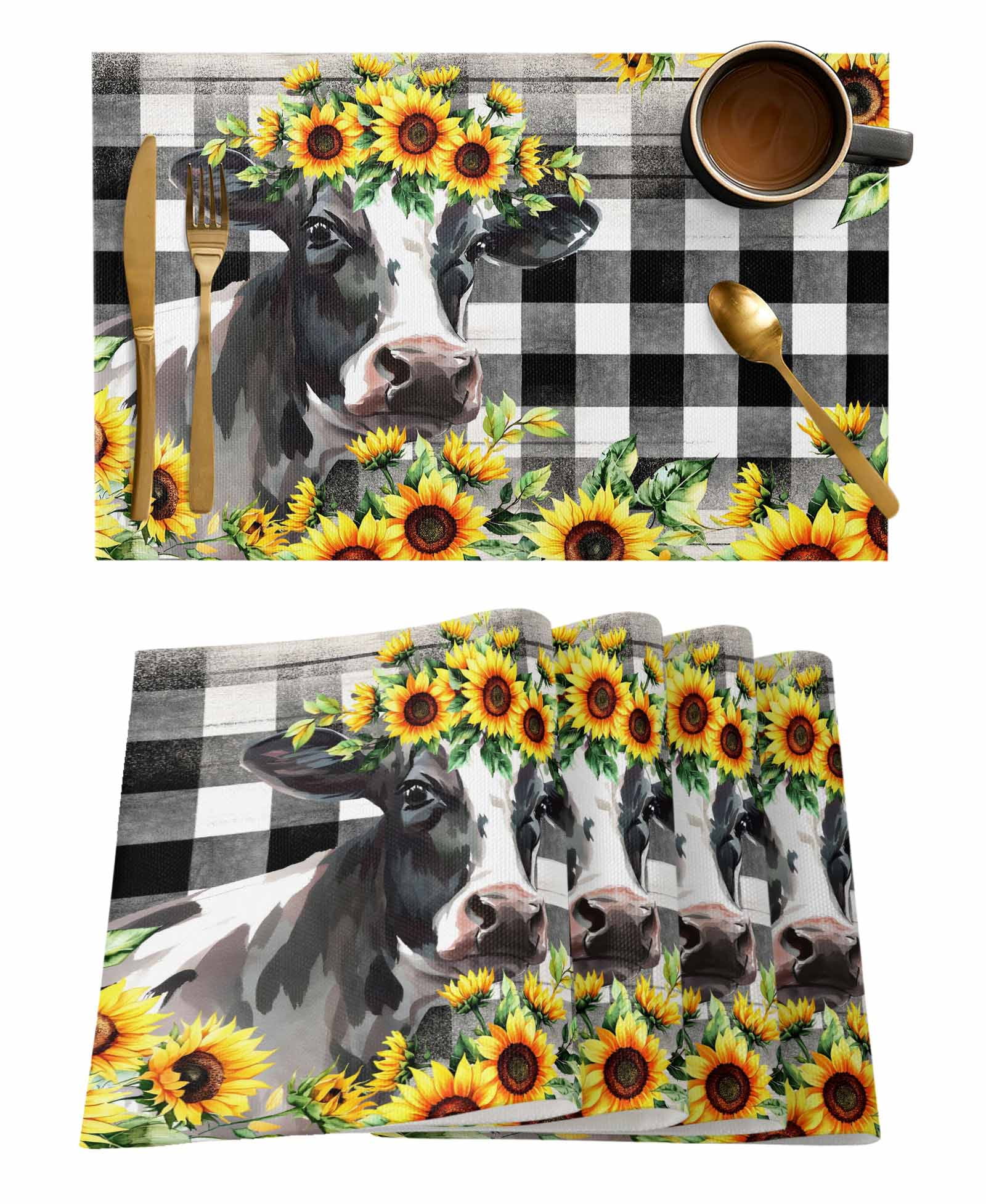 Cow Sunflower Placemats Set of 4 Plant Farm Flower Black White Check ...