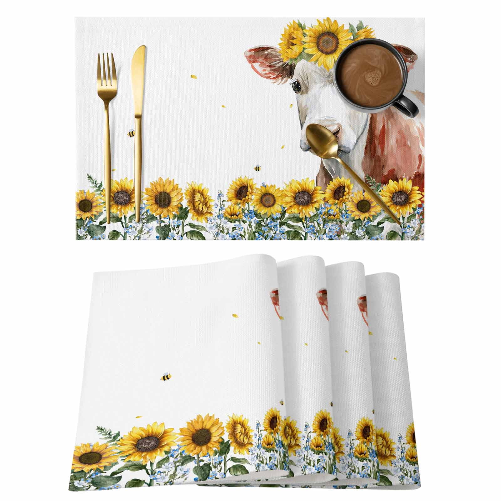 Cow Sunflower Placemats Set of 8 Country Style Bee Floral Farmhouse ...
