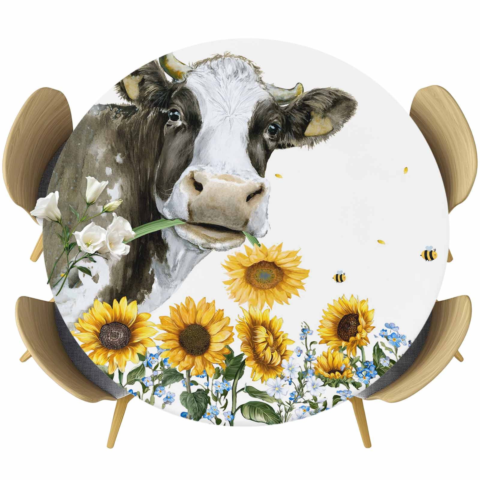 Cow With Sunflower Round Fitted Tablecloth with Elastic Edge, Bee Blue ...