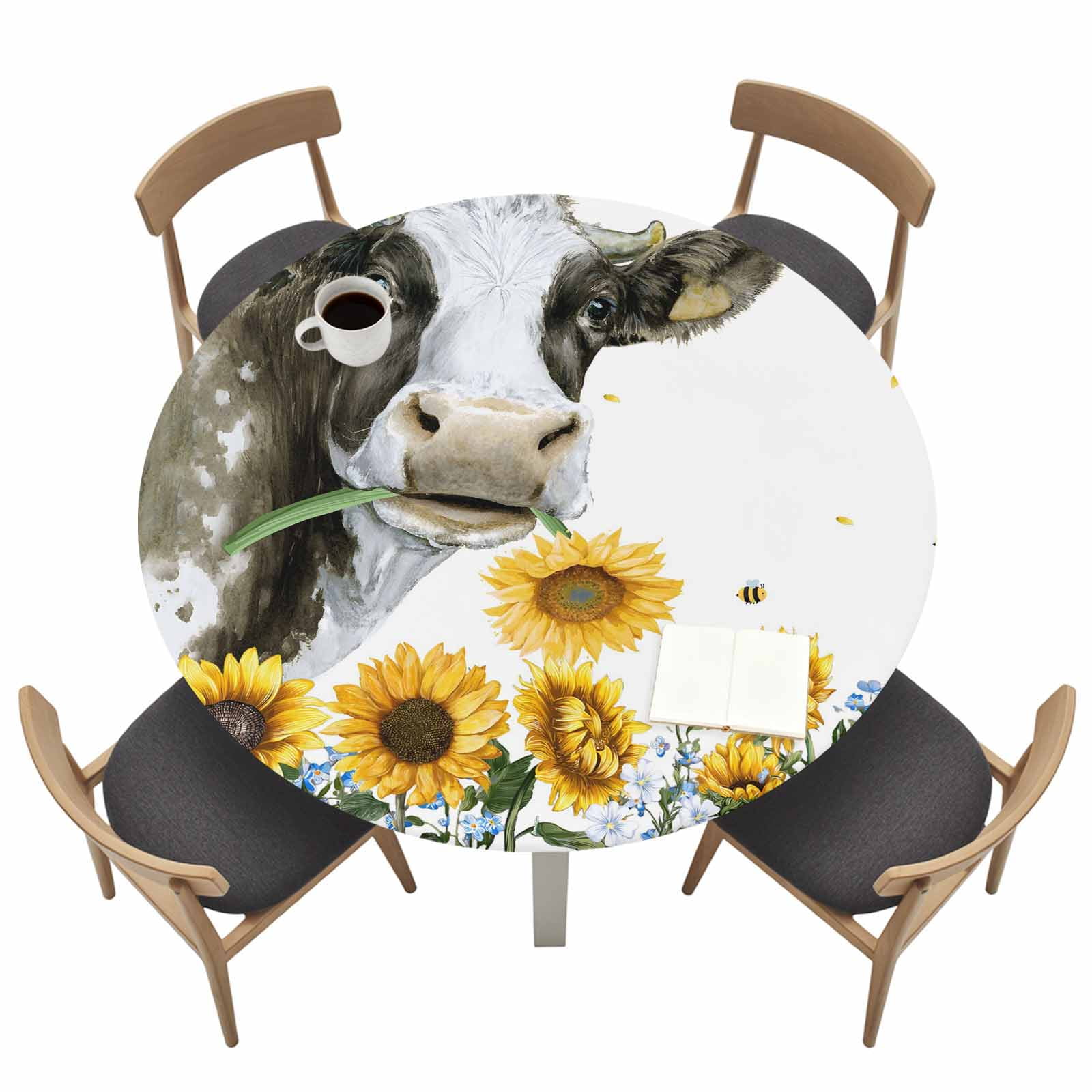 Cow With Sunflower Round Fitted Tablecloth with Elastic Edge Bee Blue ...