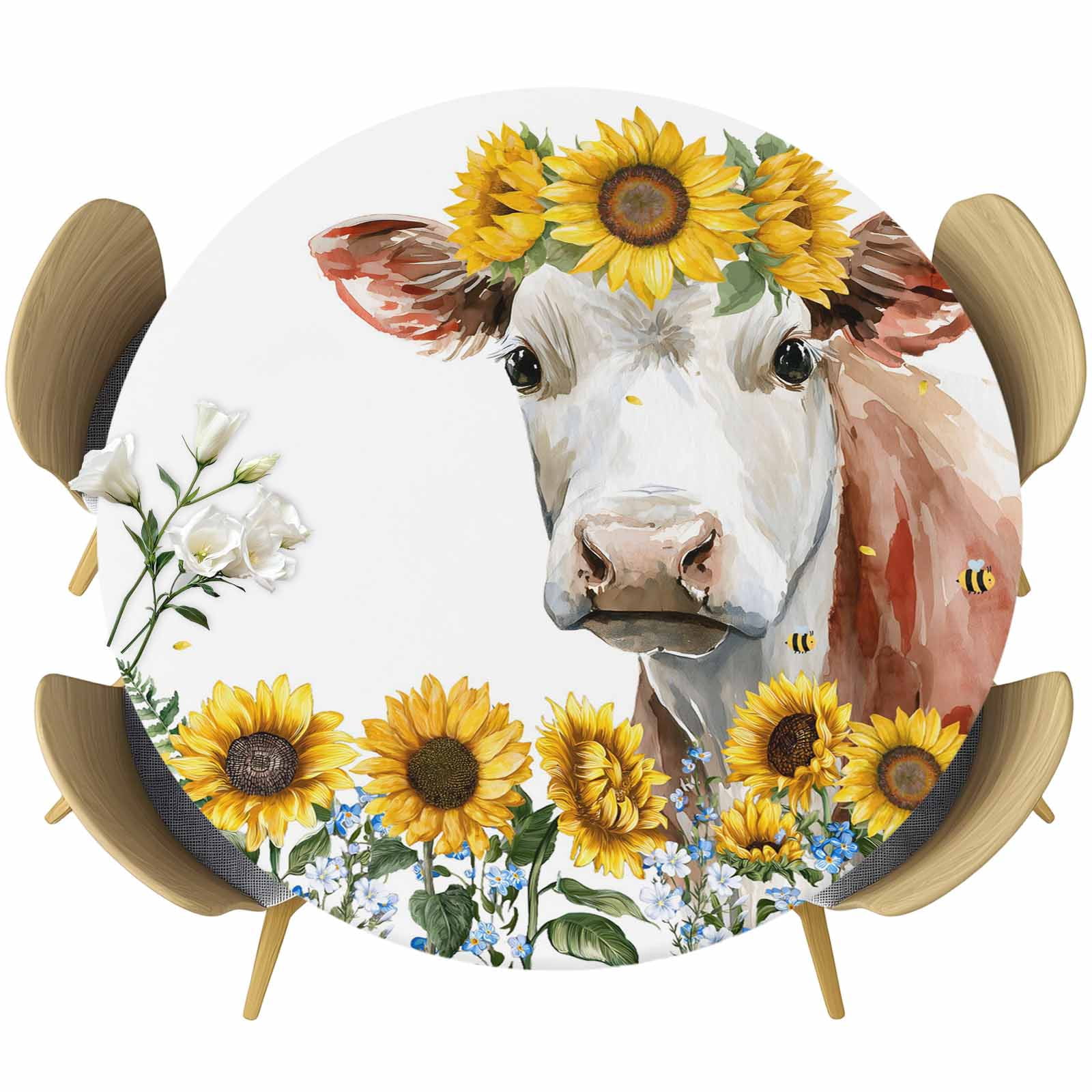 Cow Sunflower Round Fitted Tablecloth with Elastic Edge, Country Style ...