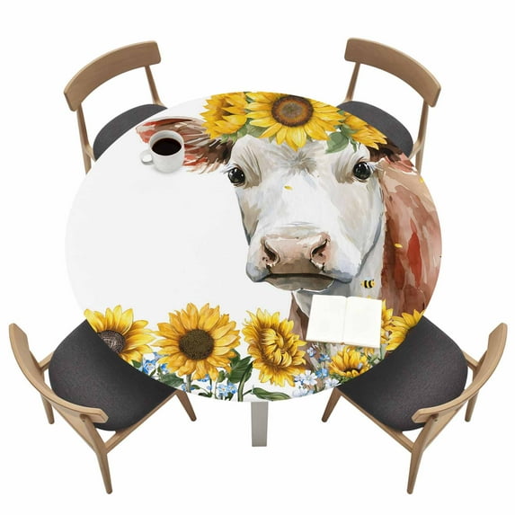 Cow Sunflower Round Fitted Tablecloth with Elastic Edge Country Style ...