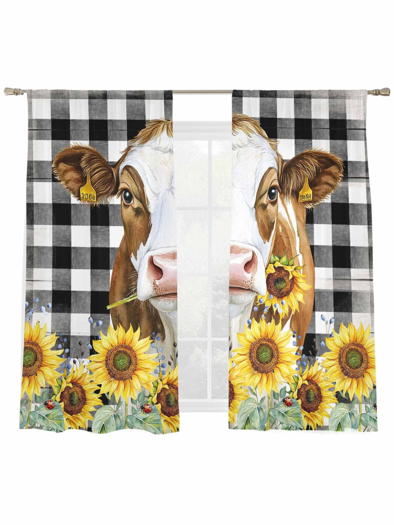 Cow Sunflower Sheer Curtains 2 Panels Set Plant Farm Flower Sheer ...