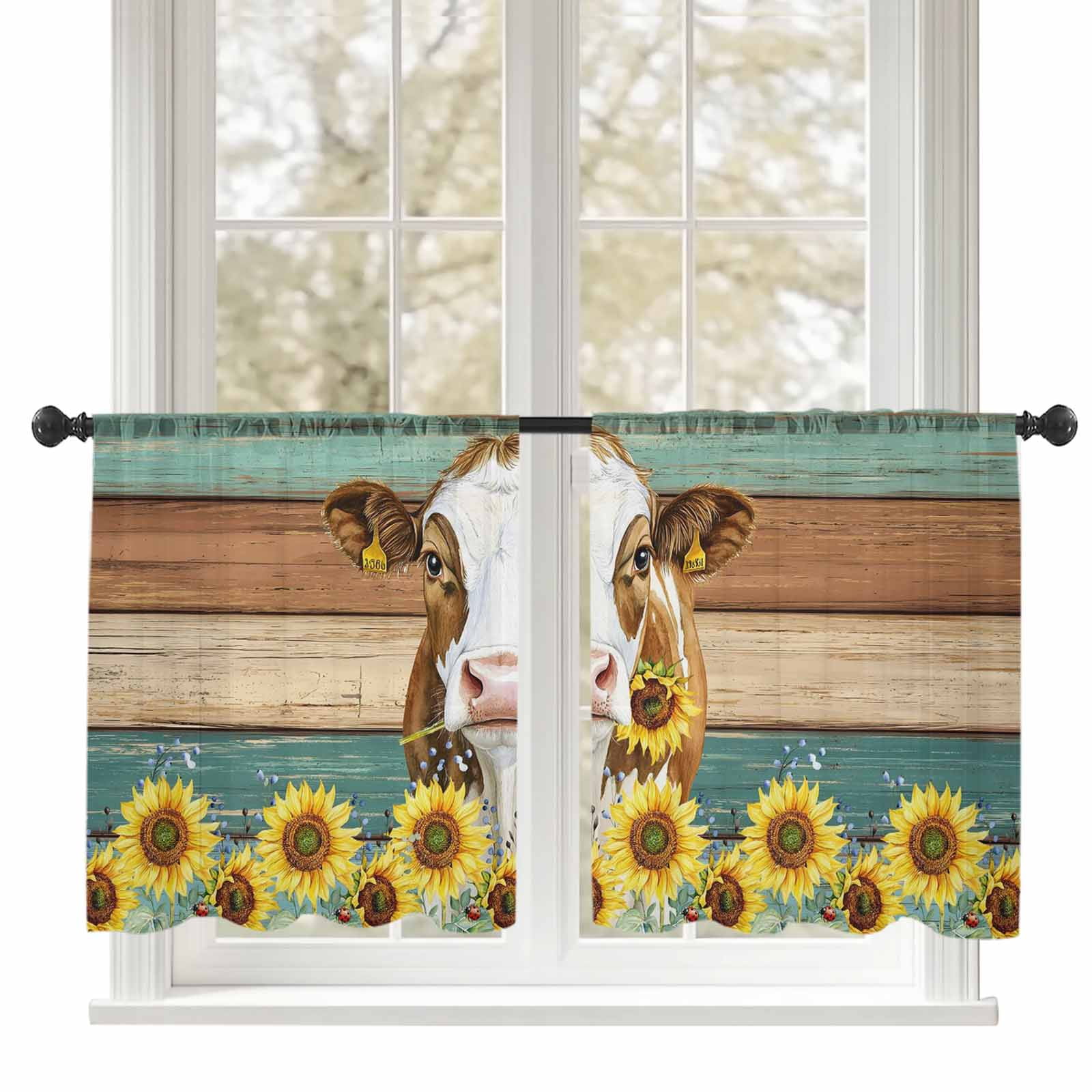 Cow Sunflower Sheer Curtains 45 inches Long, Plant Farm Flower Wood ...