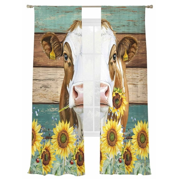 Cow Sunflower Sheer Curtains for Living Room Bedroom, Plant Farm Flower ...