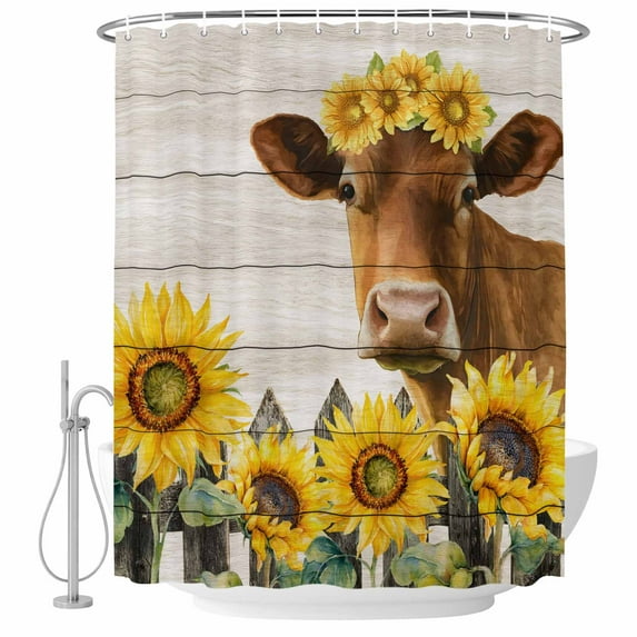 Cow Sunflower Shower Curtain, 72" x 84", Country Style Wood Grain ...