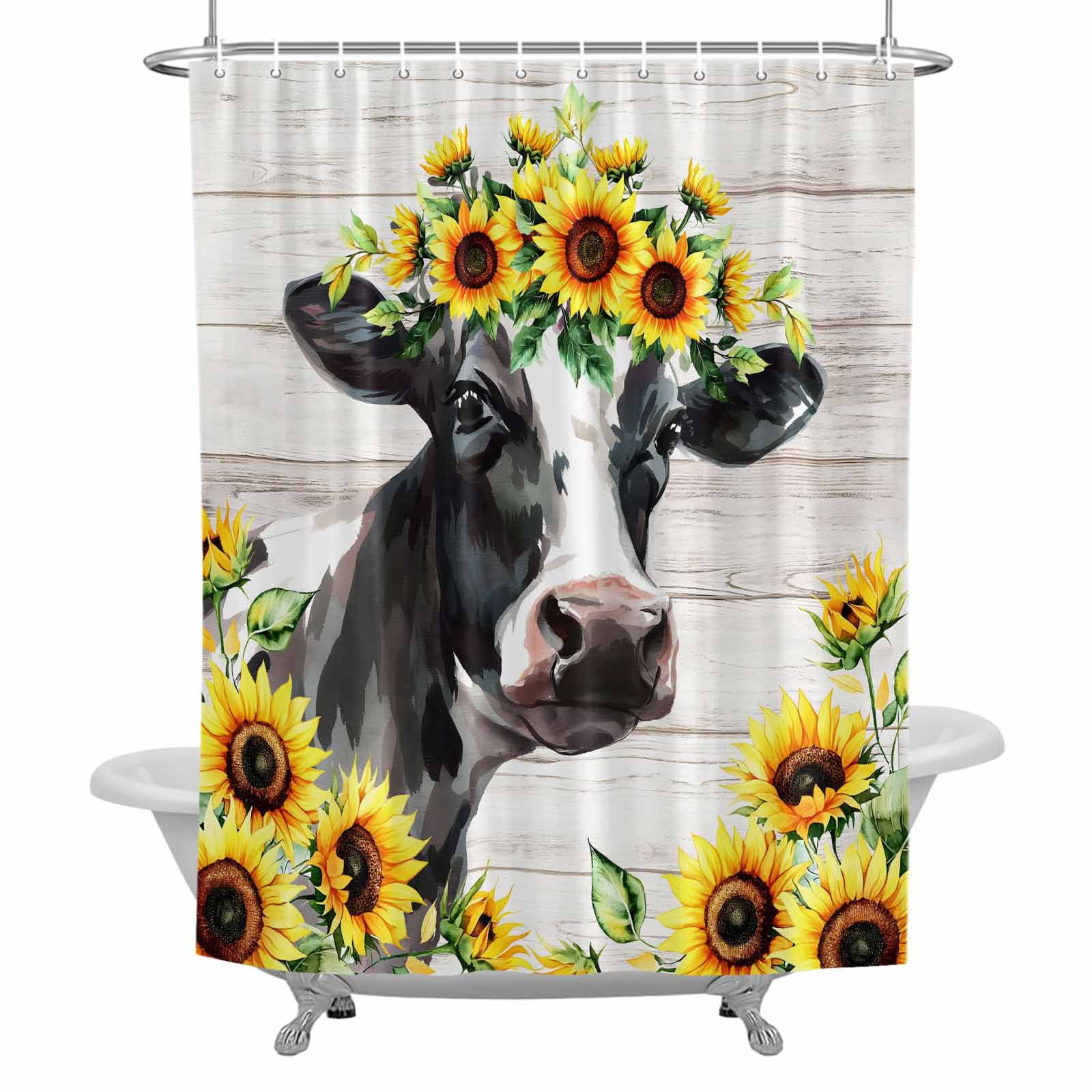 Cow Sunflower Shower Curtain for Bathroom, Plant Farm Flower Waterproof ...