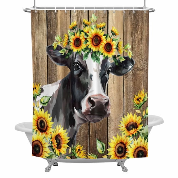 Cow Sunflower Shower Curtain for Bathroom, Plant Farm Flower Waterproof ...