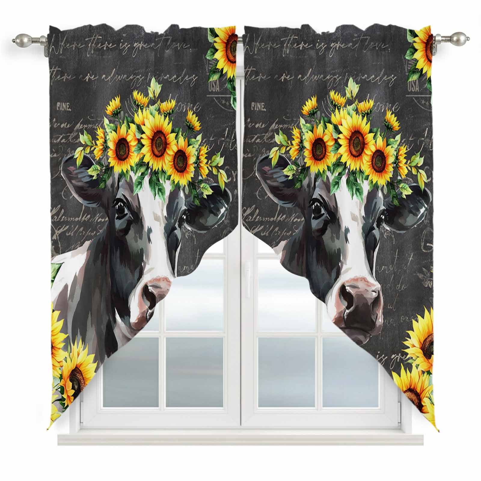 Cow Sunflower Swag Curtain Valance for Window 2 Panels Plant Farm ...