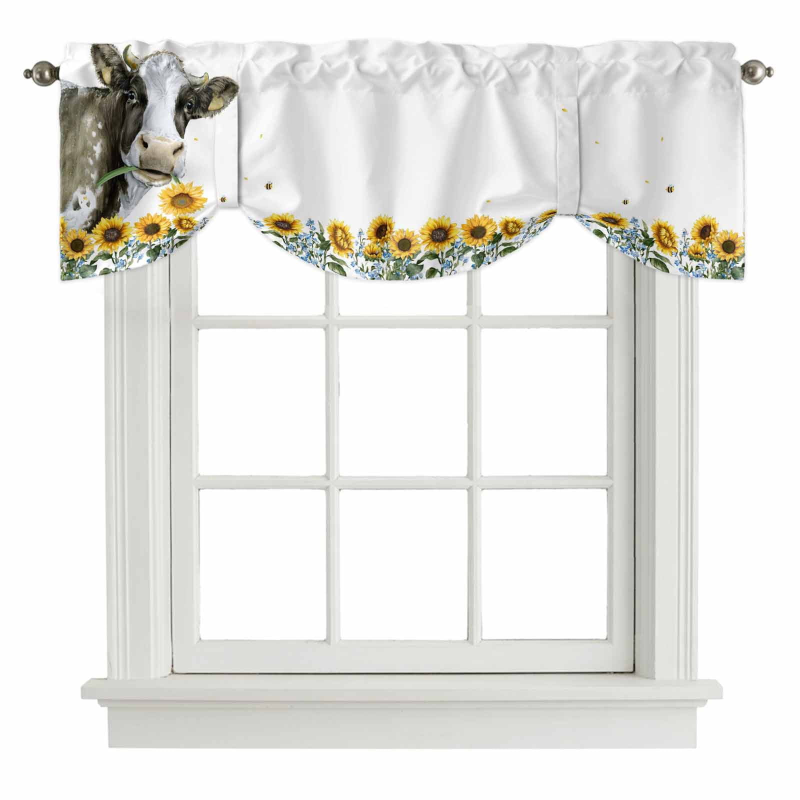 Cow With Sunflower Tie Up Valance Curtains Bee Blue Yellow Floral ...