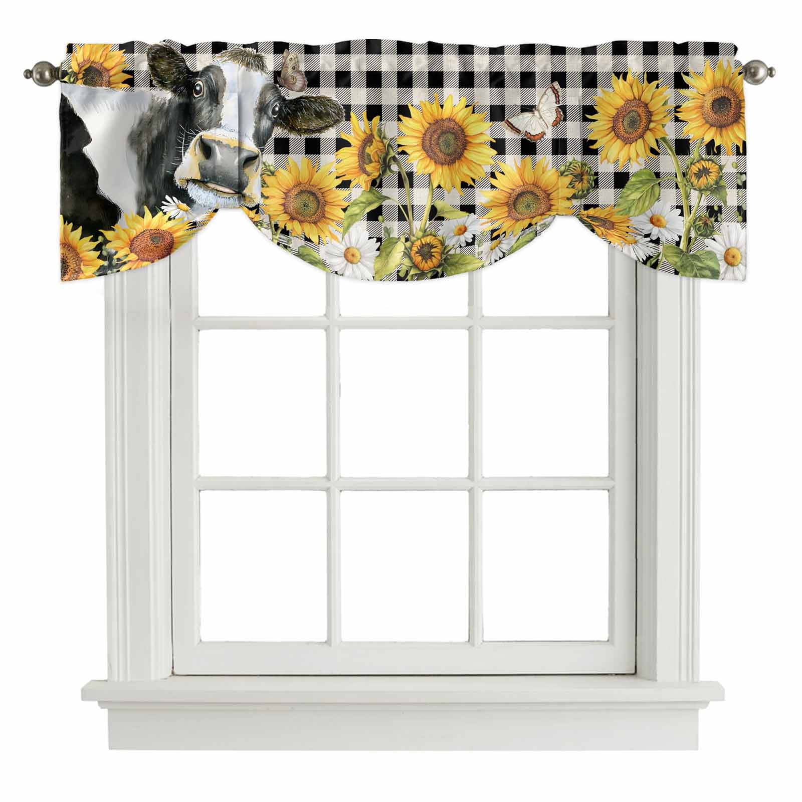 Cow Sunflower Tie Up Valance Curtains Farmhouse White Yellow Flower ...