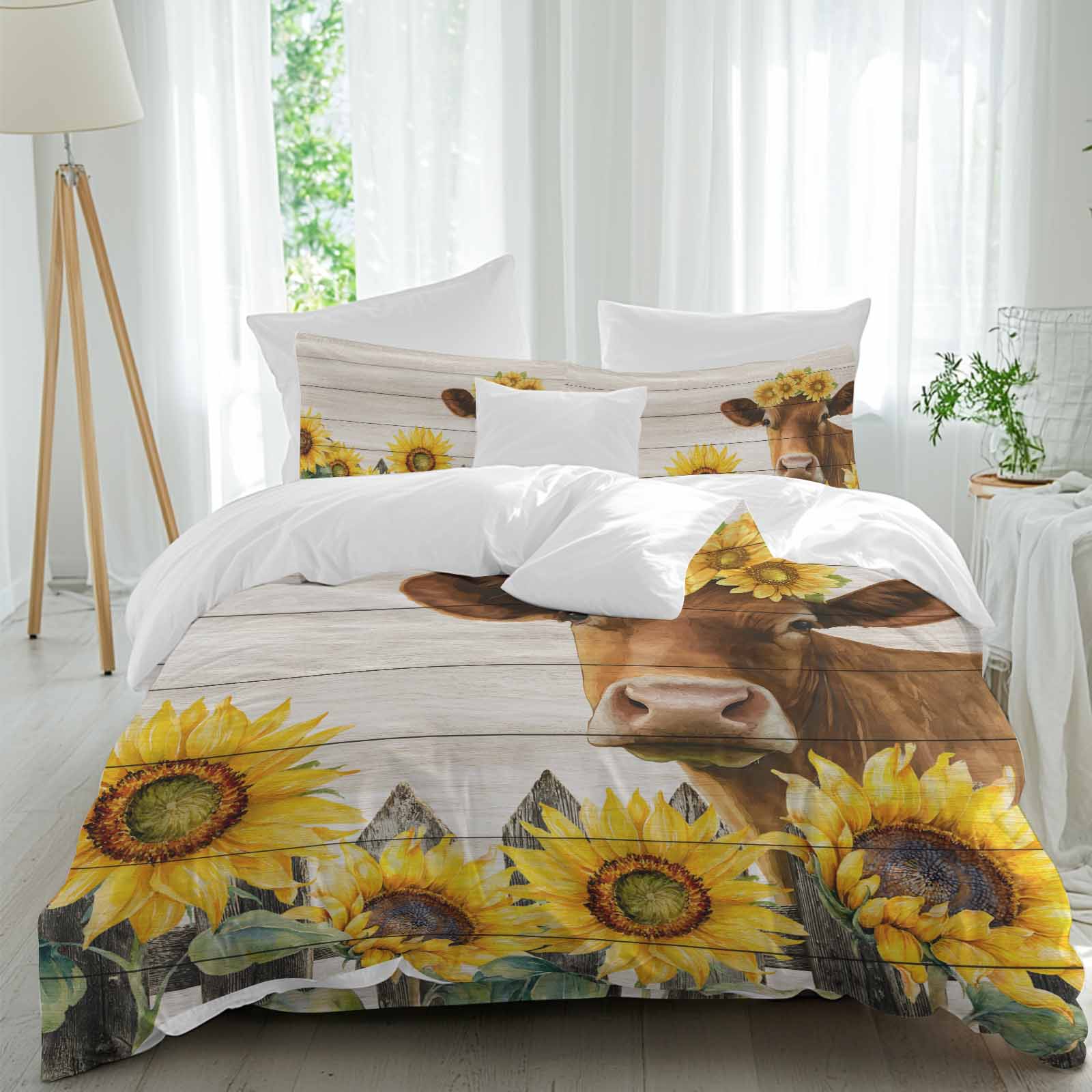 Cow Sunflower Twin Duvet Cover Set, Country Style Wood Grain Farmhouse ...