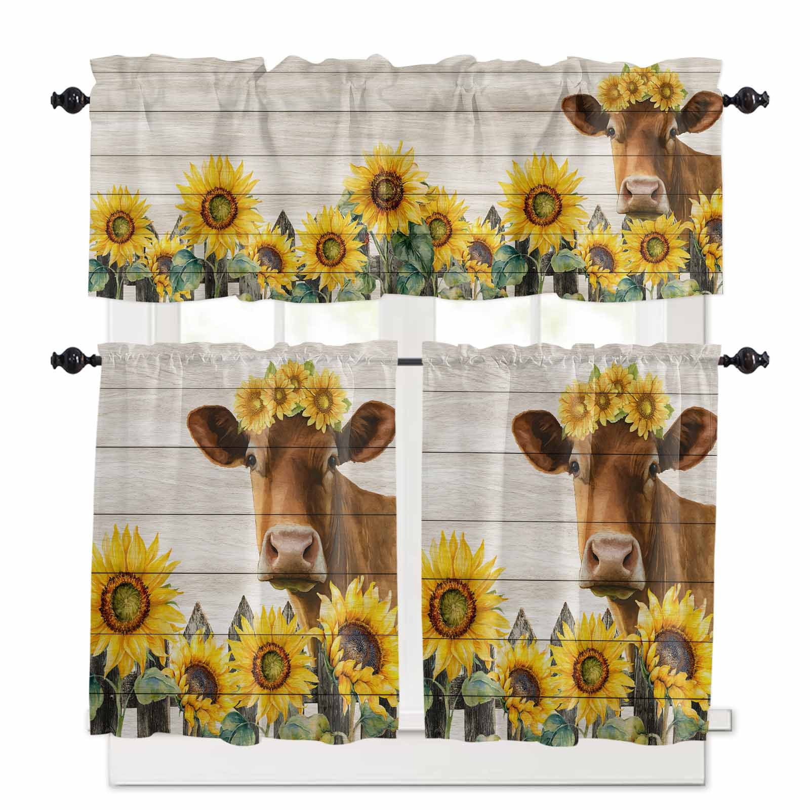 Cow Sunflower Window Curtains Valance Set of 3 Country Style Wood Grain ...