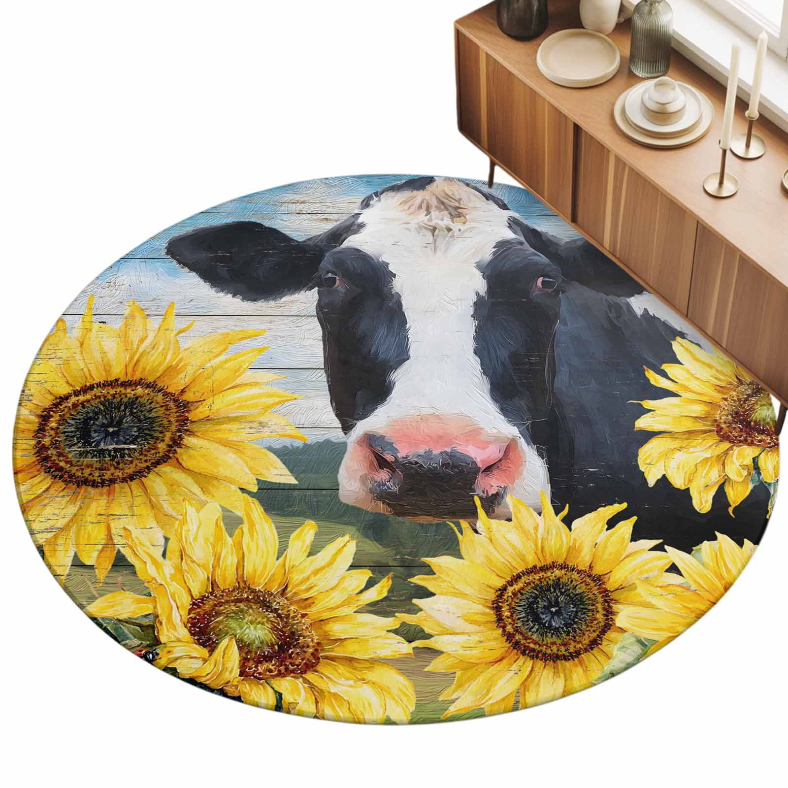 Cow Sunflowers 5ft Non Slip Round Area Rug Yellow Flower Bee Farm ...