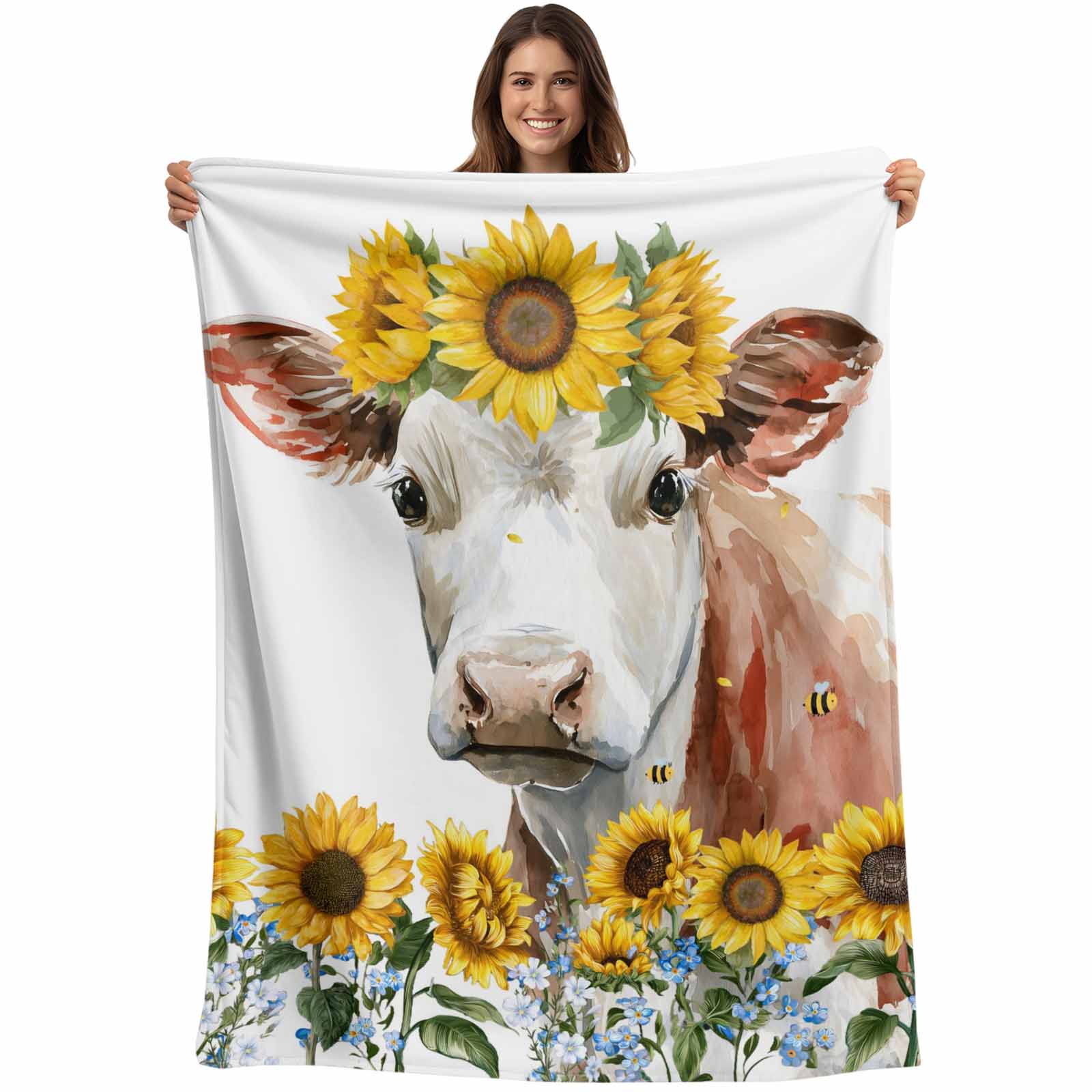 Cow Sunflowers Blanket Soft Cozy Warm Throw Blanket for Couch, Plush ...