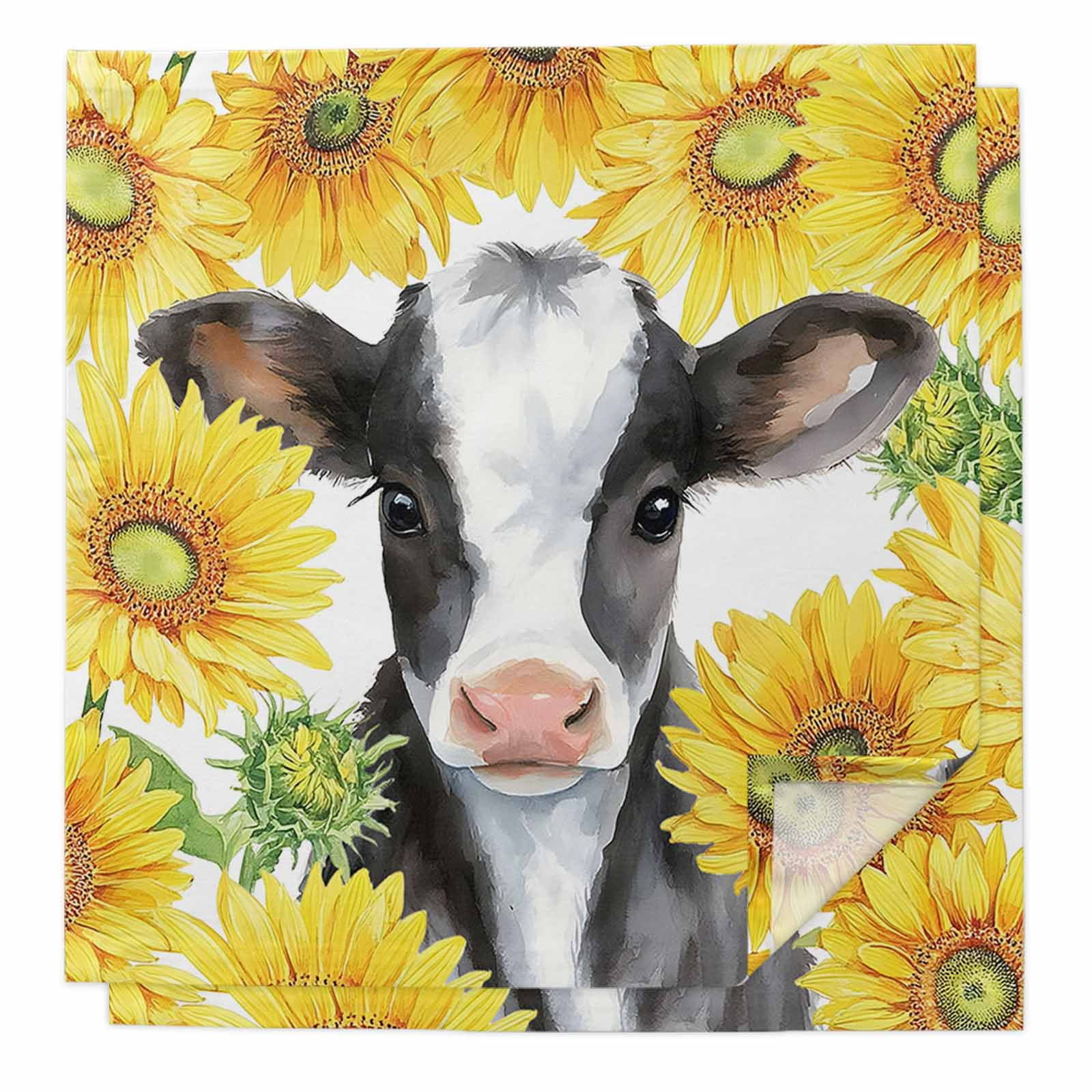 Cow Sunflowers Cloth Napkins, Farmhouse Country Watercolor Animals ...