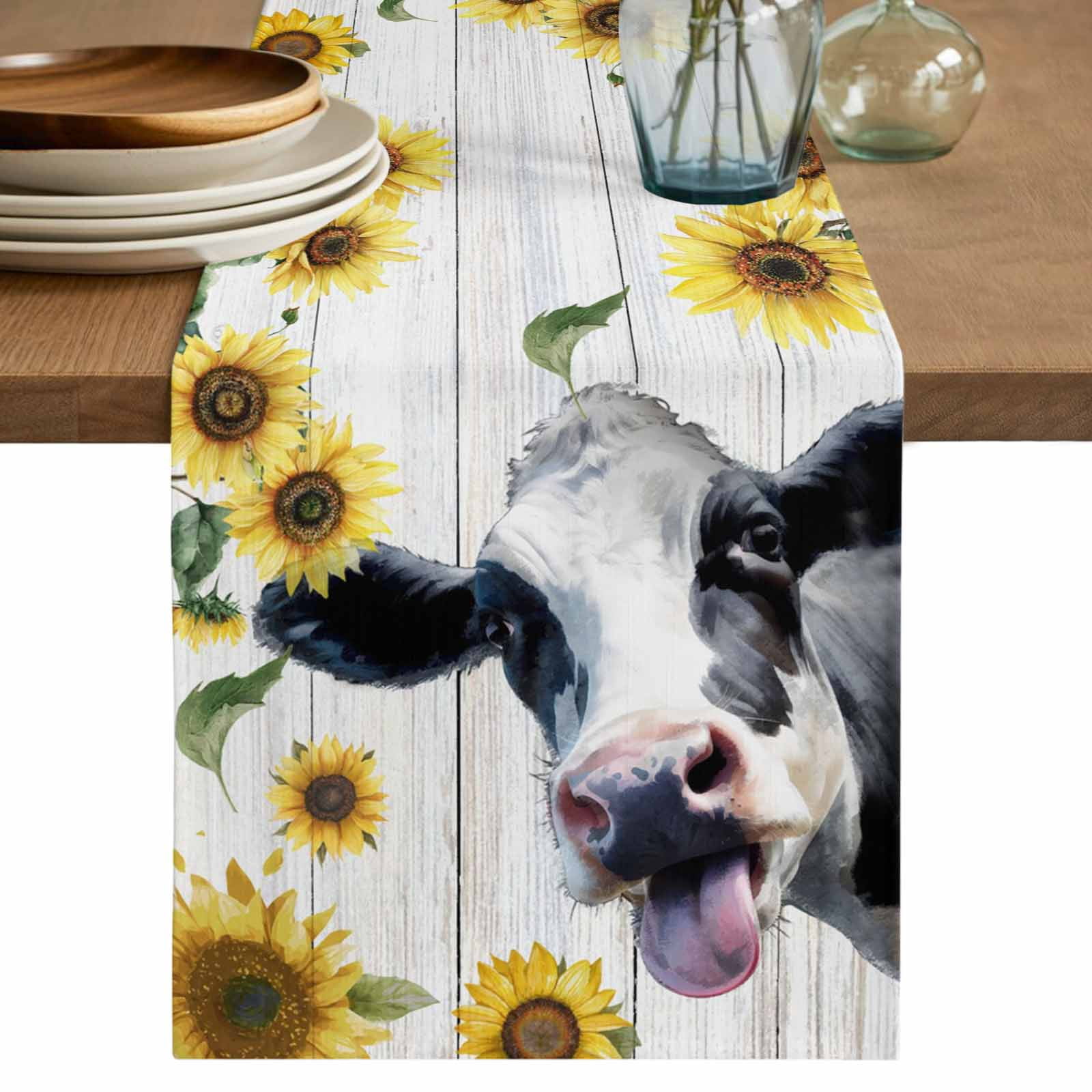 Cow Sunflowers Cotton Linen Table Runner for Dining Kitchen, Farmhouse ...