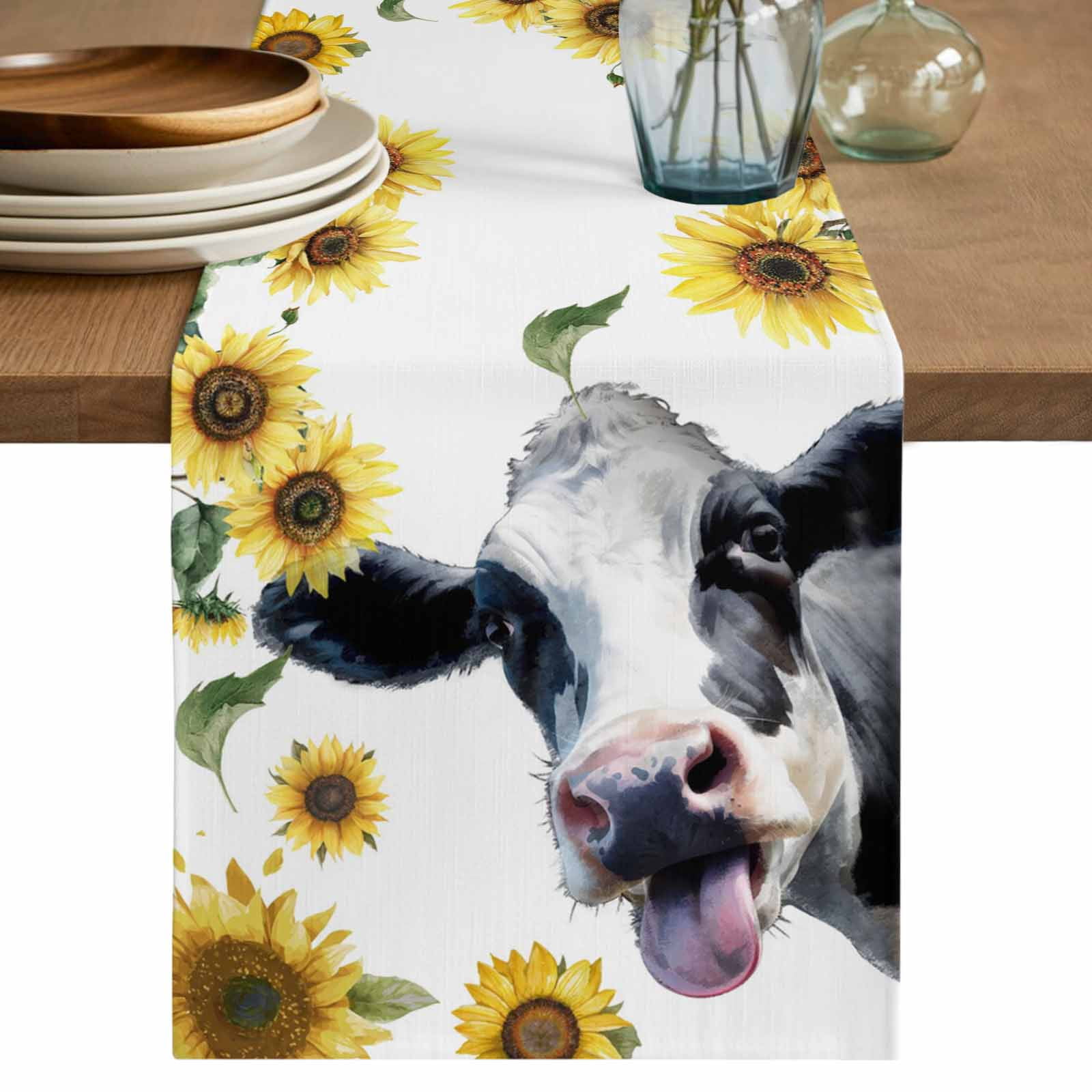 Cow Sunflowers Cotton Linen Table Runner for Dining Kitchen, Spring ...