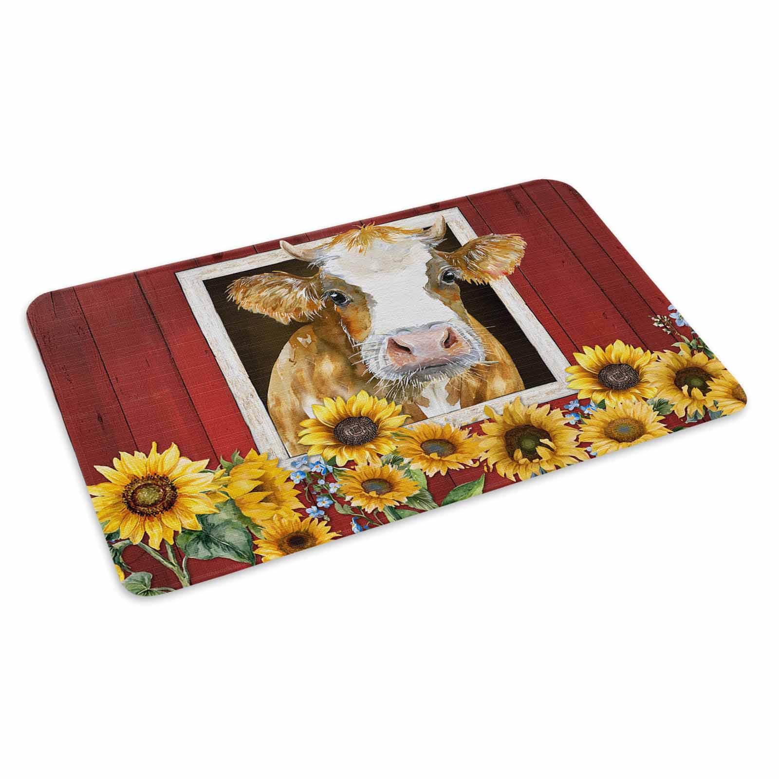 Cow Sunflowers Doormat Yellow Blue Flower Bee Farms Animal Oil Painting ...