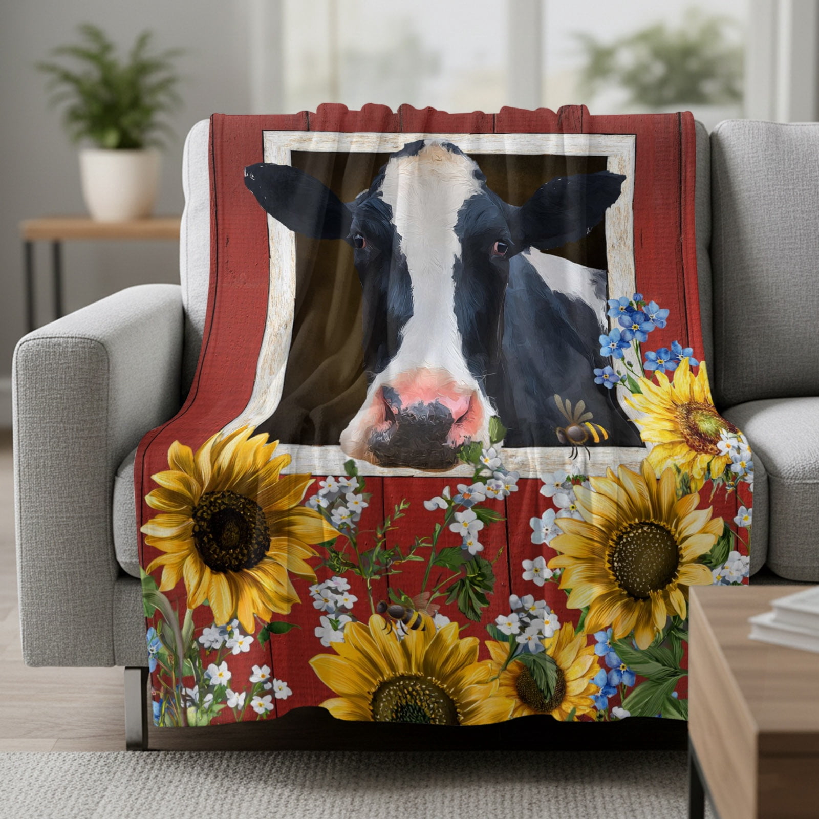 Cow Sunflowers Fleece Throw Blanket Blue Yellow Flower Bee Farms Animal ...