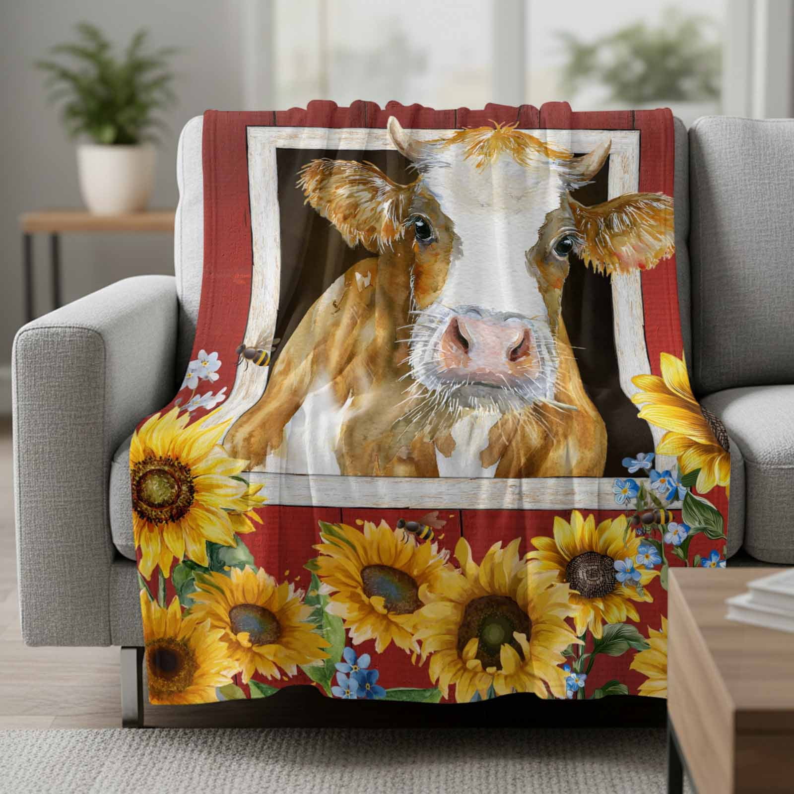 Cow Sunflowers Fleece Throw Blanket Yellow Blue Flower Bee Farms Animal ...