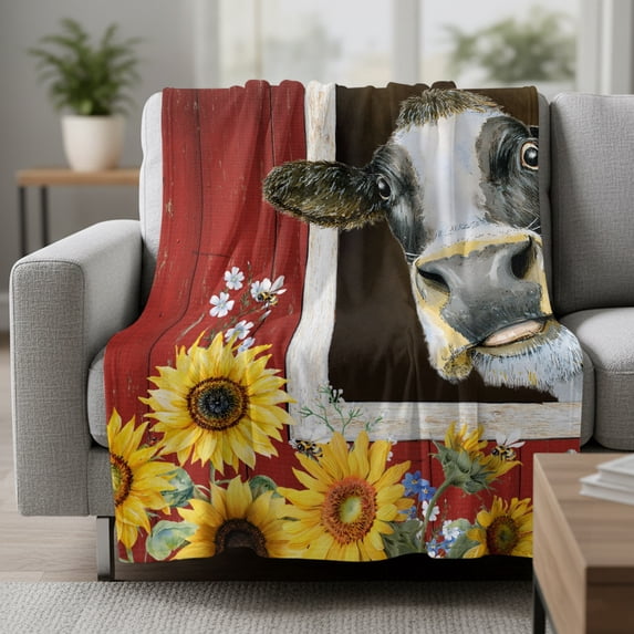 Cow Sunflowers Fleece Throw Blanket Yellow Flower Bee Farms Animal Oil ...