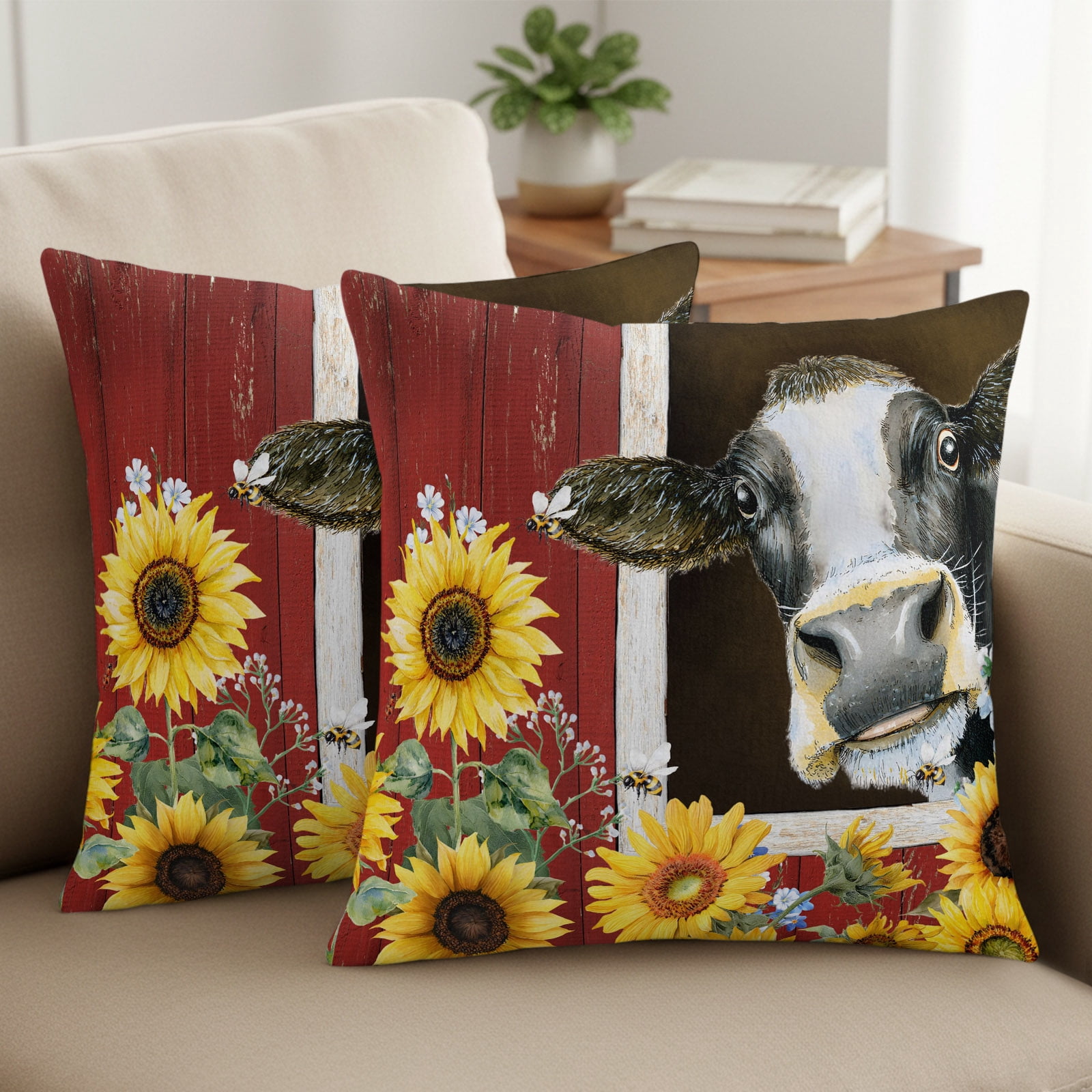 Cow Sunflowers Pillow Covers Set of 2, Yellow Flower Bee Farms Animal ...