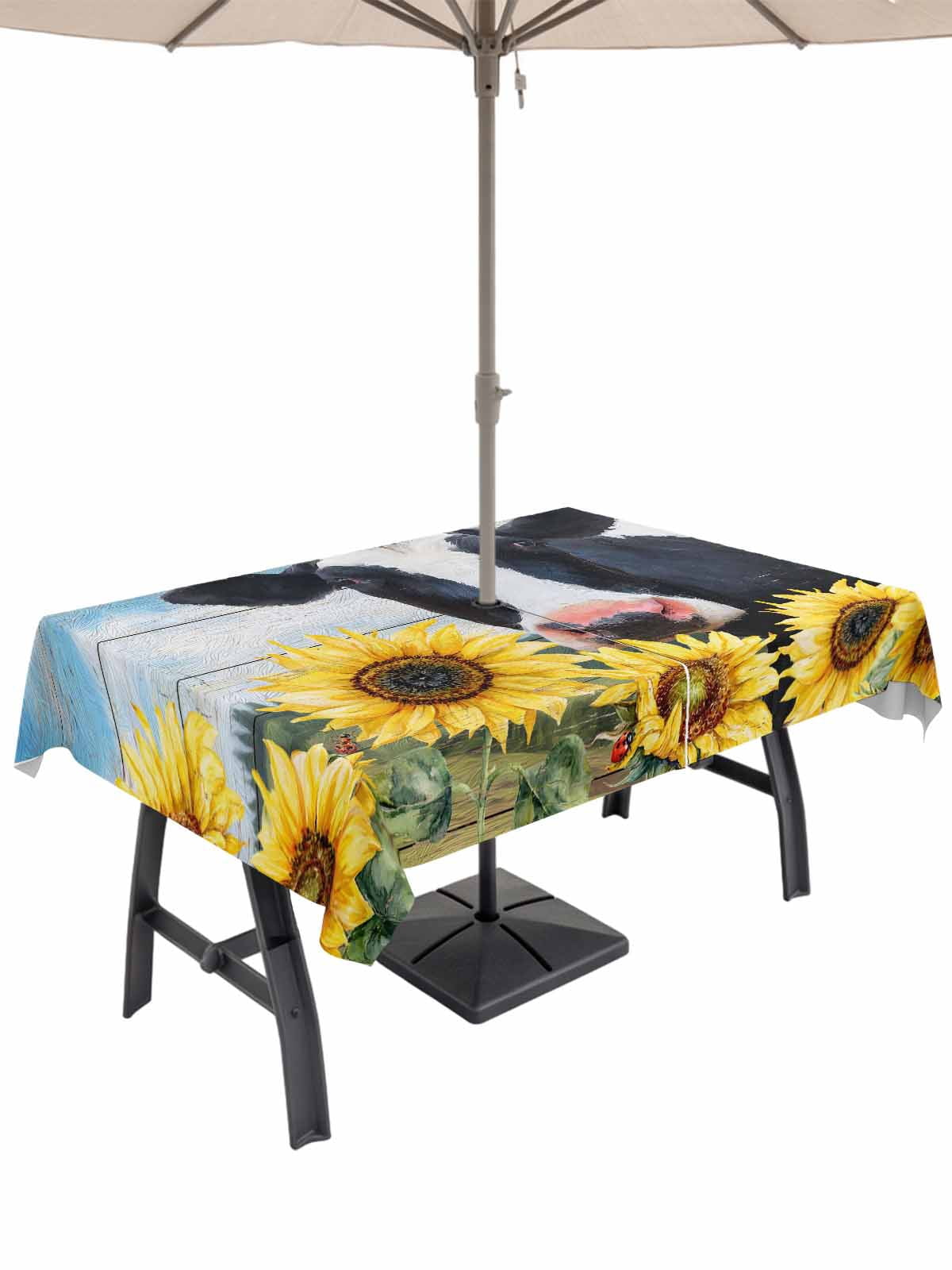 Cow Sunflowers Rectangle Outdoor Tablecloth with Umbrella Hole Yellow ...
