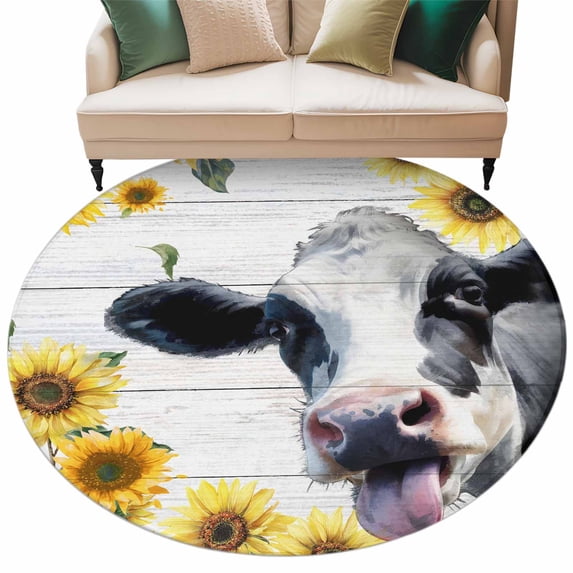 Cow Sunflowers Round Area Rugs Collection 8', Farmhouse Animals Plants ...