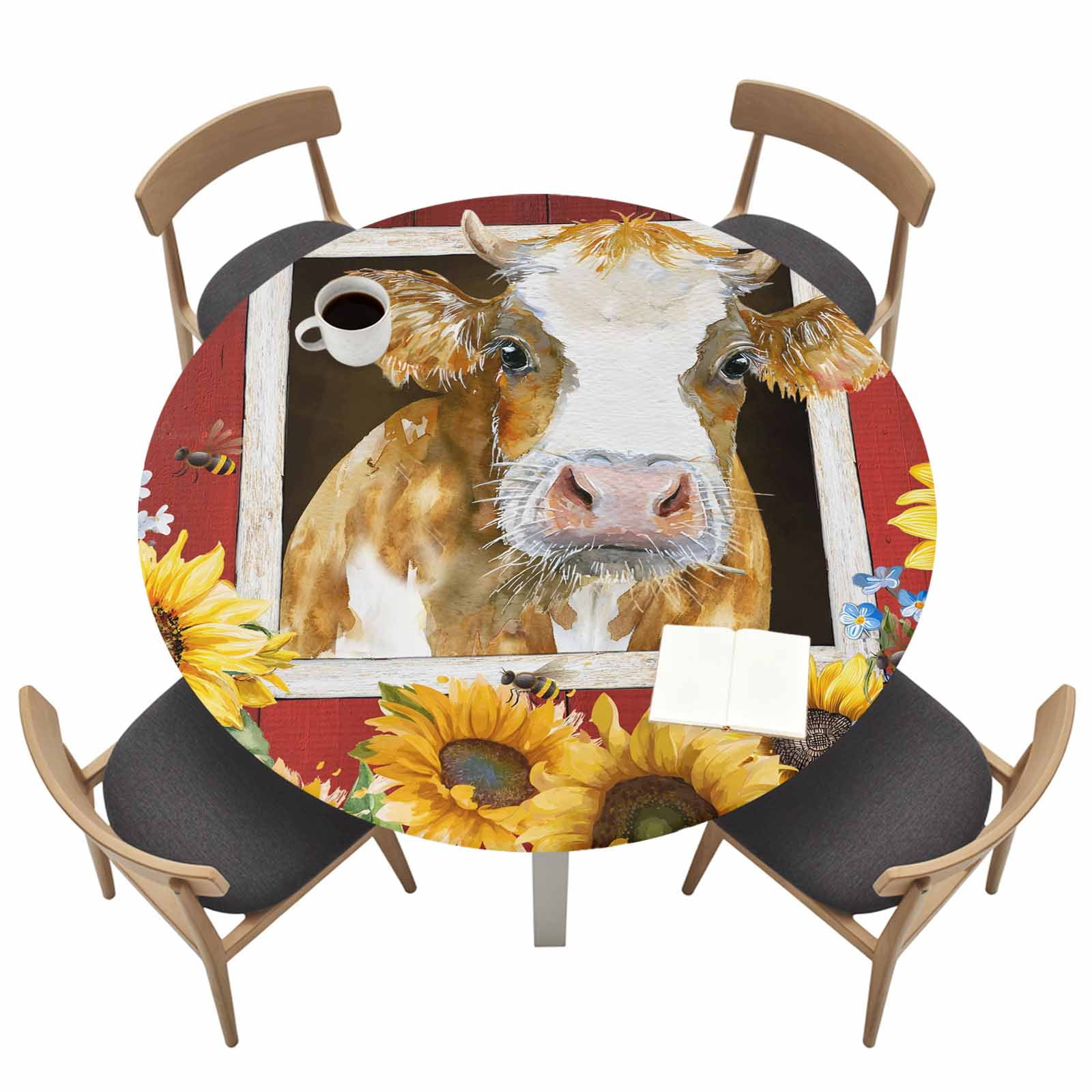 Cow Sunflowers Round Fitted Tablecloth with Elastic Edge Yellow Blue ...