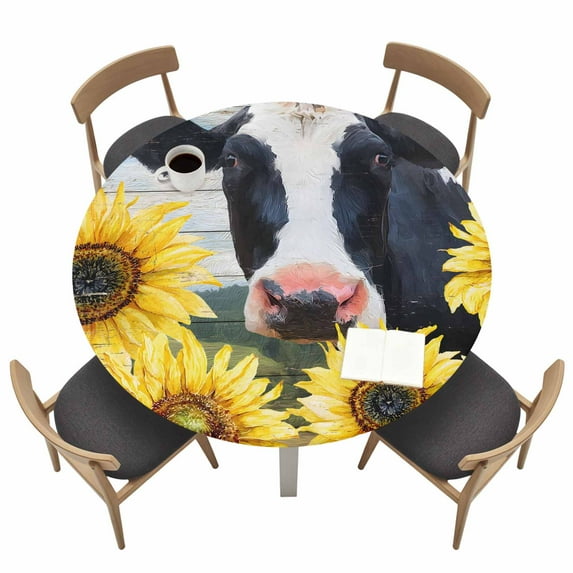 Cow Sunflowers Round Fitted Tablecloth with Elastic Edge Yellow Flower ...