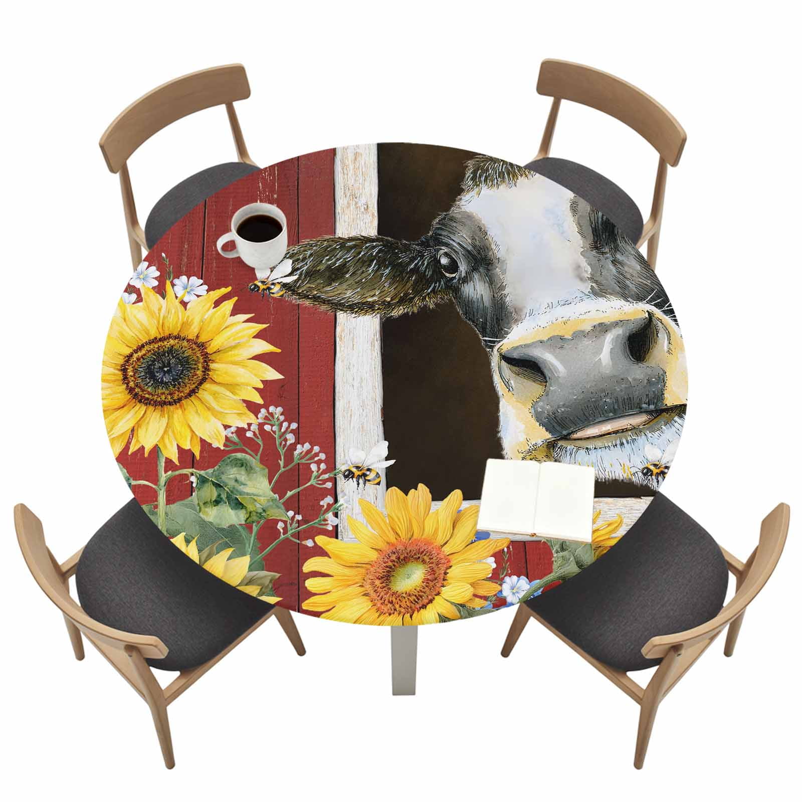 Cow Sunflowers Round Fitted Tablecloth with Elastic Edge Yellow Flower ...