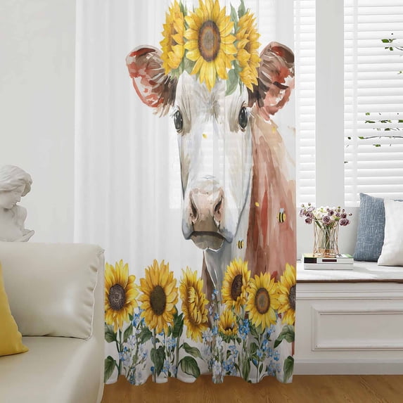 Cow Sunflowers Semi Sheer Curtains Drapes for Living Room, Bedroom ...