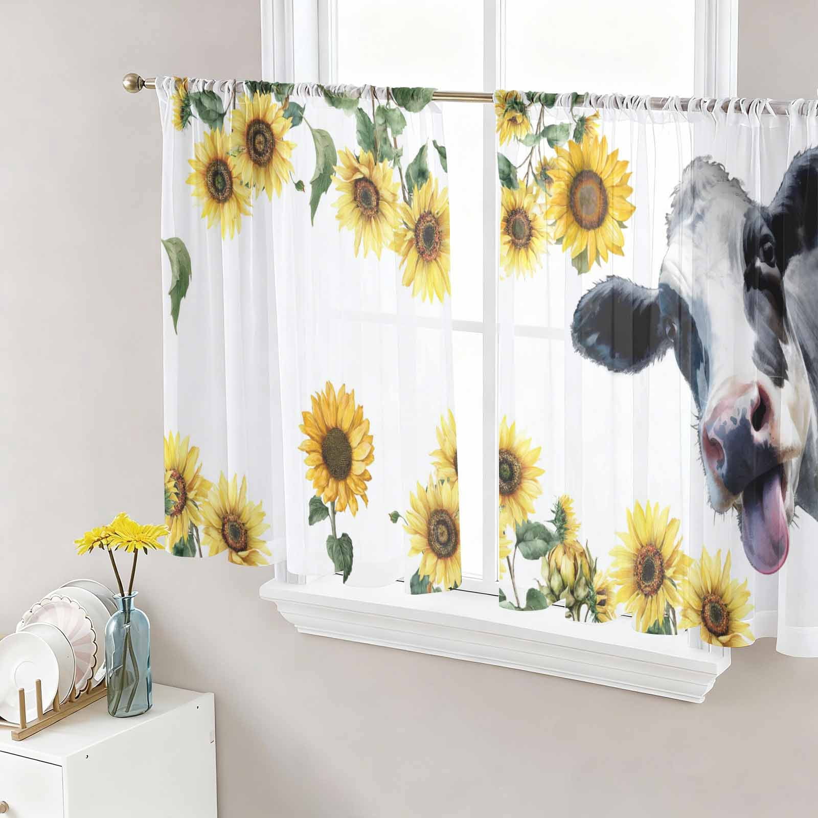 Cow Sunflowers Sheer Curtains 45 Inch Length 2 Panels Set, Spring ...