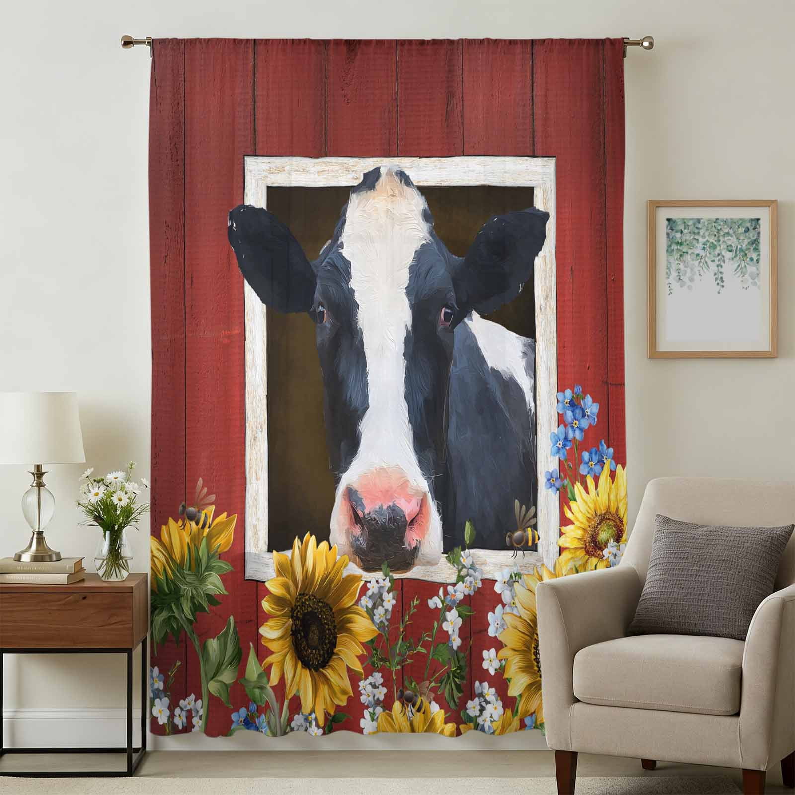 Cow Sunflowers Sheer Curtains 54 Inches Long, Botanical Floral Leaves ...