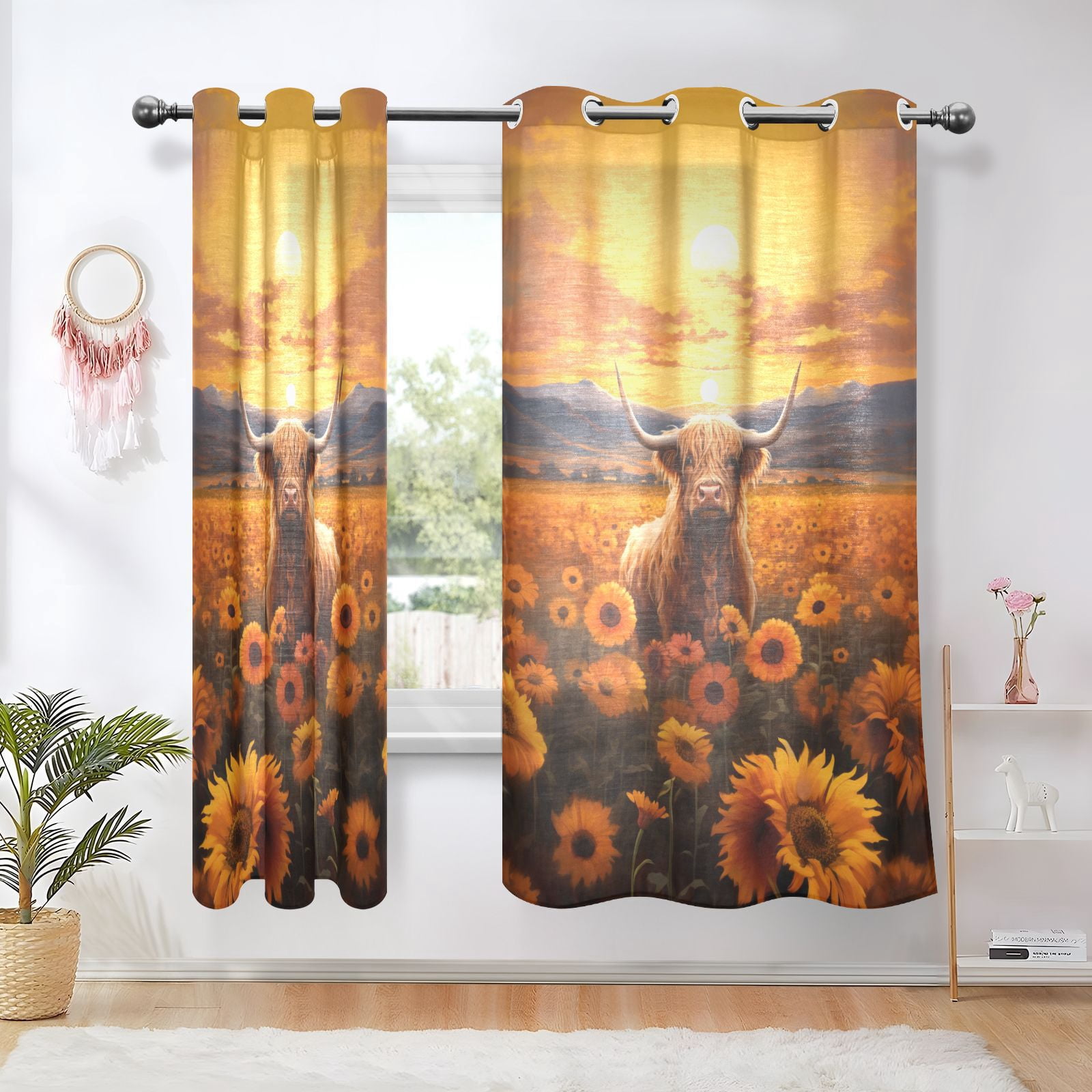 Cow Sunflowers Sun Mountain Clouds Blackout Curtains Thermal Insulation ...