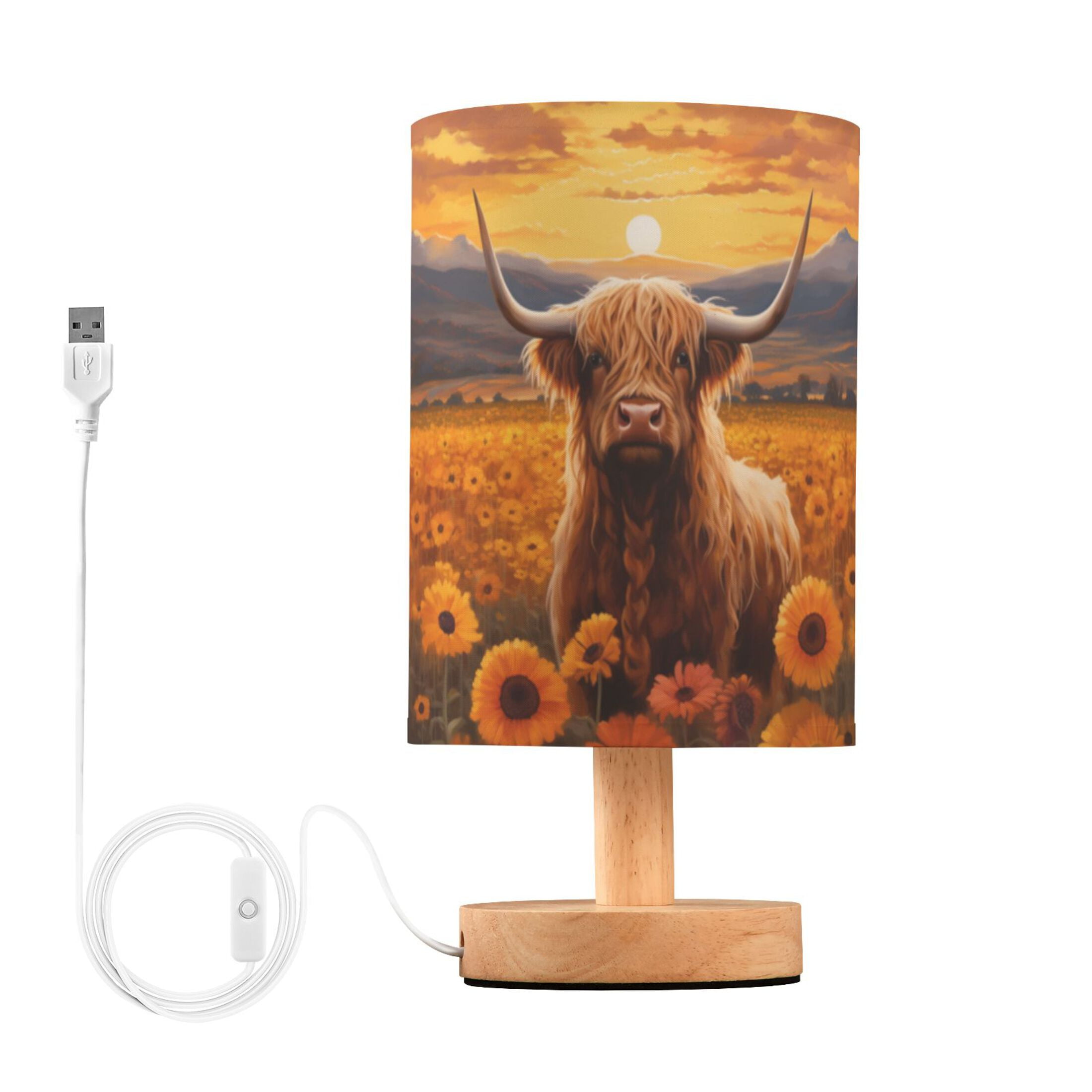Cow Sunflowers Sun Mountain Clouds Table Lamp USB Bedside Desk ...
