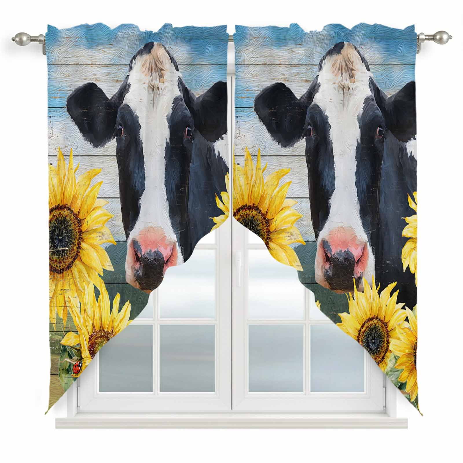 Cow Sunflowers Swag Curtain Valance for Window 2 Panels Yellow Flower ...